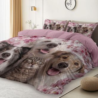 Generic Bettw&auml;sche Set 240 x 260 cm, Hellrosa Mikrofaser Wendbarer Bettbezug Mit verdecktem Rei&szlig;verschluss, Tiere Kirschbl&uuml;ten Katzen Hunde Muster Atmungsakti
