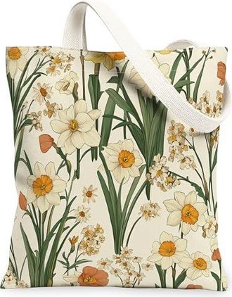 Generic Sac fourre-tout en toile avec fleurs de jonquille printani&egrave;res pour le shopping, 33 x 38,1 cm, motif floral sauvage vintage, sac d&eacute;picerie r&eacute;utilisabl