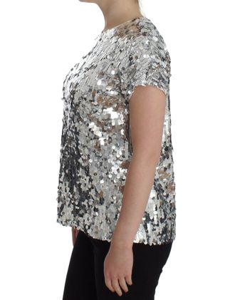 Dolce & Gabbana Womens Silver Sequined Crewneck Blouse T-Shirt Top Polyester