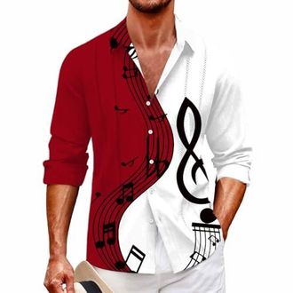 Generic Chemise pour homme, chemises &agrave; manches longues avec notes de musique imprim&eacute;es, chemise boutonn&eacute;e, couleur unie, col &agrave; revers, chemisier formel, haut 