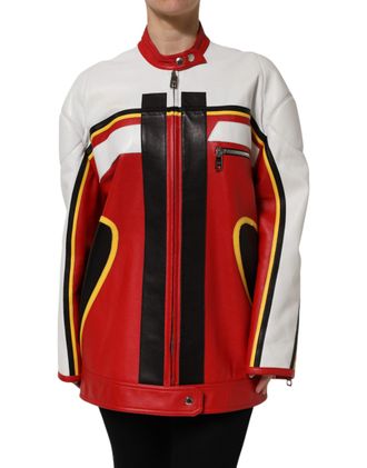 Dolce & Gabbana Womens Multicolor Leather Biker Full Zip Coat Jacket Lambskin Clothing