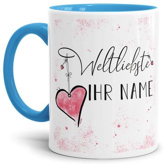 Tassendruck Tasse mit Spruch f&uuml;r die Weltliebste -Name- Personalisierbar/Individuell/Familie/Geschenk-Idee/Innen & Henkel Hellblau