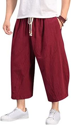 Minetom Homme Été Pantalon en Lin Coton Lâche Capri Shorts Bermudas 3/4 Pantacourt Poches Baggy Cargo Pants Large Cordon de Serrage Grande Taille B Rouge 3XL
