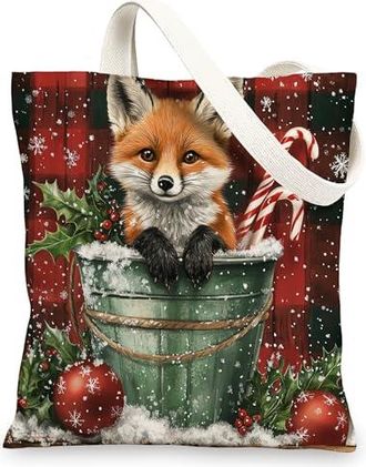 Generic Sac fourre-tout r&eacute;utilisable en toile avec motif renards de No&euml;l pour faire du shopping, 33 x 38,1 cm, sac d&eacute;picerie r&eacute;utilisable pour femme, peinture