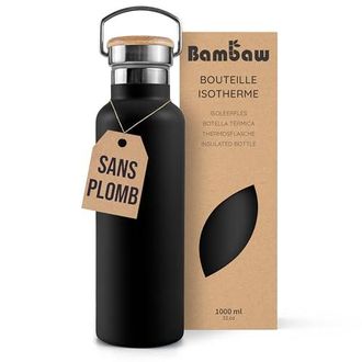 Bambaw Bouteille deau isotherme de 946,2 g, noir avec poignée, bouteille deau isotherme en métal - 1 litre - Grande bouteille deau de 946,2 ml - Noir de jais