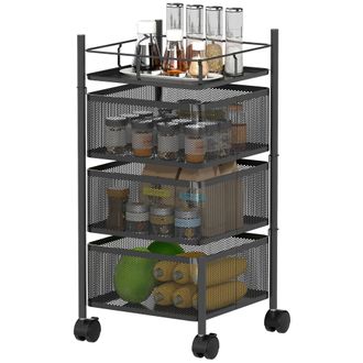 HOMCOM 4-Regal-K&uuml;chenwagen, platzsparender K&uuml;chenwagen mit drehbaren Metallk&ouml;rben, oberer Ablage und R&auml;dern, Obst- und Gem&uuml;sewagen, f&uuml;r das Wohnzimmer, schwa