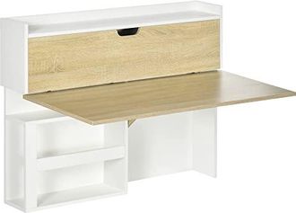 HOMCOM Bureau Pliable Mural avec étagères de Rangement et Placard, Bureau Rabattable, Table Murale Pliante, Gain de Place idéal pour Salon, Salle à Manger, P