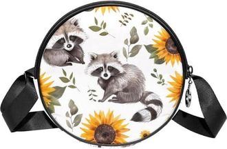 Generic Petit sac &agrave; bandouli&egrave;re circulaire pour femme, motif raton laveur, tournesol, petit sac &agrave; dos &agrave; bandouli&egrave;re avec fermeture &eacute;clair, bretelles r&eacute;glables
