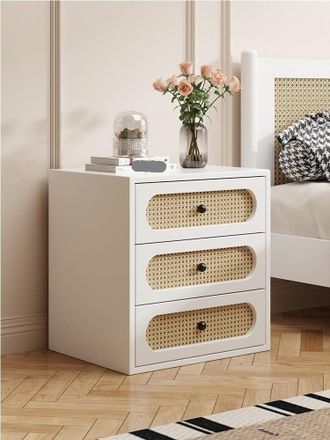 Generic Rattan-Nachttisch Mit Schubladen, Massivholz-Nachttisch Im Bohemian-Stil for Schlafzimmer Und Wohnzimmer - Mehrstufiges Aufbewahrungsdesign(White,48 c