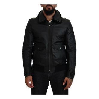 Dolce & Gabbana Schwarze Leder-Bomberjacke mit Shearling-Kragen - - Jackets - Herren - Schwarzk - XL
