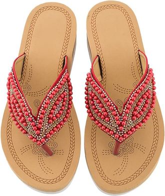 Minetom Damen Sommer Glitzer Perlen Sandalen Flip Flops Strand Flach T-Strap Zehentrenner Frauen Sommerschuhe rutschfeste Bequeme Pantoffeln Hausschuhe A Rot 