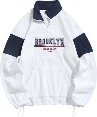 Zaful Viertel Zip Farbblock Polar Vlies Fleece Sweatshirt Herren Vintage Brief Stickerei Langarm f&uuml;r Herbst Winter (5-Wei&szlig;,2XL)