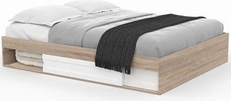 IDMarket Cadre de lit Double Salem avec rangements et sommier 160 x 200 cm façon hêtre et Blanc