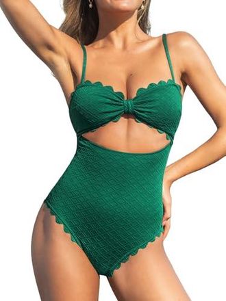 Cupshe Maillot de bain une pièce sexy noir découpé festonné pour femme, vert foncé, Taille L