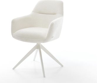 DELIFE Drehstuhl Pejo-Flex Bouclé Soft Beige Kreuzgestell breit Weiß 360° drehbar Wippfunktion Taschenfederkern, Esszimmerstühle