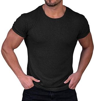 Generic T-shirt &agrave; rayures basiques pour hommes d&eacute;t&eacute; &agrave; rayures verticales couleur unie col rond fitness course &agrave; pied t-shirt &agrave; manches courtes, Noir, 3XL