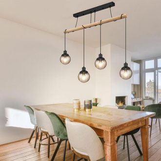 Globo Lighting Pendelleuchte 4 flammig Hängelampe Esstisch Holzlampe Glas Wohnzimmerlampe zum verstellen, Metall Kunststoff, schwarz braun, 4x E27 Fassungen, LxBxH