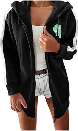 Generic 2026 Vestes pour femmes Automne Hiver Casual Loose Polaire &agrave; Capuche Zipp&eacute;e Manches Longues Imprim&eacute; Veste Manteau, Noir, M