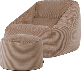 Icon Brand Natalia Sitzsack Sessel mit Hocker f&uuml;r Erwachsene, Mokkabraun, Flauschiger Cord Stoff, Riesen Sitzsack Cord mit F&uuml;llung, Bean Bag Chair, Bequemer Sess