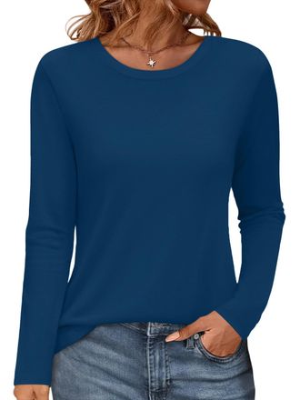 Onsoyours Damen Rundhals Tshirt Langarm Pullover Herbst Winter Oberteile Einfarbig Basic Longshirt Tops A Dunkelblau XXL