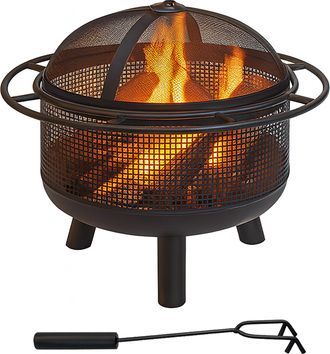 Relaxdays Feuerschale mit Funkenschutz, HD: 52x60 cm, Sch&uuml;rhaken, Garten & Terrasse, Outdoor Feuerstelle, Eisen, schwarz