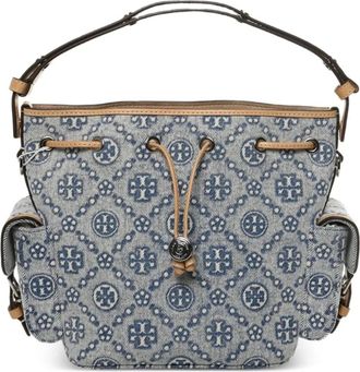 Tory Burch Femme, Sacs, Bleu, Taille: ONE Size T Monogram Denim Bucket Bag with Pockets