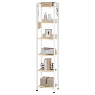 Woltu Étagère Échelle Étagère de Rangement Bibliothèque à 6 Niveaux avec 4 Crochets Amovibles Style Industriel Vintage Cadre en Métal Tablette en MDF Blanc 