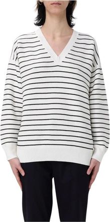 Lorena Antoniazzi Femme, Pulls, Blanc, Taille: 38 FR Pull à col en V en laine mérinos rayée