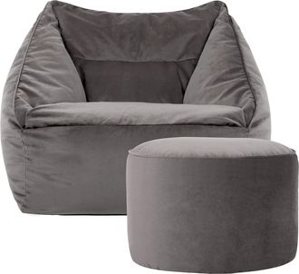 Icon Brand Natalia Sitzsack Sessel mit Sitzpuff f&uuml;r Erwachsene, Dunkelgrau, Flauschiger Samtstoff, Riesen Sitzsack Samt mit F&uuml;llung, Bean Bag Chair, Bequemer Ses