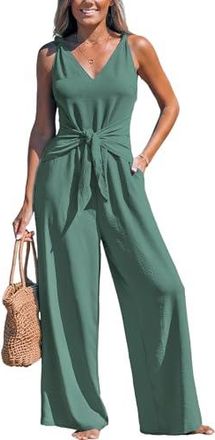 Cupshe Combinaison pour femme col en V sans manches ceinturée jambes larges bretelles noeud combinaison dété plage, Vert, XL