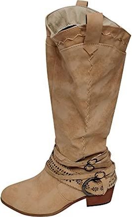 Generic Bottes hautes au genou pour femme - Bottes de cowboy larges et &eacute;l&eacute;gantes &agrave; bout pointu - Fermeture &eacute;clair lat&eacute;rale - Confortables - Automne et hiver, 