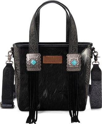 Montana West Wrangler Sac fourre-tout en cuir de vache pour femme Motif grav&eacute; Western avec franges en cuir, Noir occidental, Large