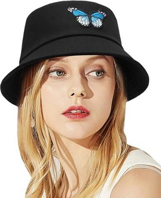 Eozy Chapeau de Soleil Femme Broderie Papillon Vintage Randonn&eacute;e Casquette Chapeau Bob Plage Coton Pliable Anti-UV Voyage &Eacute;t&eacute; Casuel (Noir)
