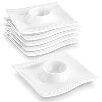 Malacasa Lot de 6 Coquetier Oeuf en Porcelaine Blanche, 11,5 x 11,5 cm Support Oeuf a la Coque, Empilables Porte Oeuf - S&eacute;rie Flora