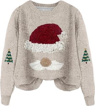 Generic Pull de No&euml;l en tricot avec bonnet de No&euml;l amusant &agrave; manches longues pour femme - Pull de No&euml;l &agrave; col rond - Chemisier dhiver chaud pour les vacances, 