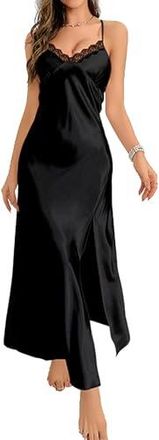 Generic Nuisette Femme Satin Doux décolleté V Dentelle Dos Nu Fendu Longue Bretelles réglables Lingerie Nuit