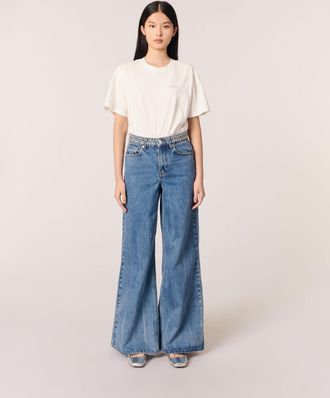 Maje Jean Flare &Agrave; Ceinture Stud&eacute;e - Bleu Jean - Taille 34 - Maje