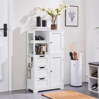 Yaheetech Yaheetech - Armoire Rangement Salle de Bain, 3 Tiroirs 2 Casiers 4 Crochets 2 Placards, &Eacute;tag&egrave;re R&eacute;glable en Hauteur, 60 &times; 30 &times; 107 cm, Meuble