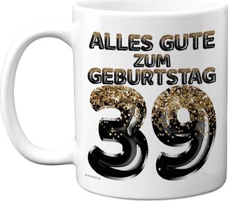 Stuff4 39. Geburtstagsgeschenke - Schwarz Gold Glitzerballons Tasse - Geburtstag Tasse f&uuml;r M&auml;nner und Frauen, 325 ml Premium-Keramiktasse, Sp&uuml;lmaschinenfest