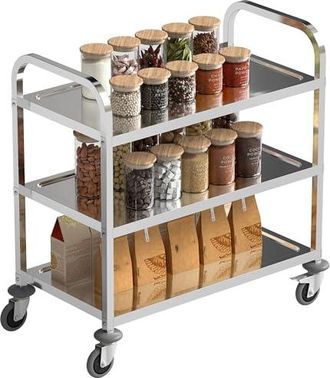 HOMCOM Desserte de Cuisine à roulettes à 3 étagères, Chariot de Rangement en Acier INOX., Chariot de Cuisine et Salle à Manger, 90,5 x 50,5 x 88,2 cm, argent
