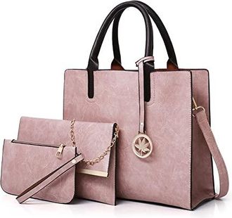 Generic Grand sac &agrave; main en cuir pour femme - Sac &agrave; bandouli&egrave;re - Poign&eacute;e sur le dessus - Avec pochette - Lot de 3, rose, Large