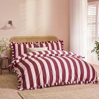 furn. Wylder Birdie Stripe Bettbezug Set - Wendbar Ger&uuml;scht Baumwollreich Gestreift Bettw&auml;sche (Burgunder/Bl&uuml;te - 137x200cm)