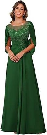 Generic Robes de mère de mariée en mousseline de soie, robes longues en mousseline de soie à manches cape en dentelle robes de soirée, vert émeraude, 34