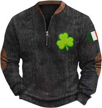 Generic Sweat-shirt de la Saint-Patrick pour homme - Style r&eacute;tro - Tr&egrave;fle vert - Imprim&eacute; tr&egrave;fle - Demi-fermeture &eacute;clair - Manches longues - Col rond - Irlande