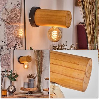 HOFSTEIN Wandleuchte Argea, Wandlampe aus Metall/Holz in Schwarz/Naturfarben, moderne Leuchte aus Holz, 1 x E27, Wohnzimmer, Schlafzimmer, Küche, Flur, Treppen