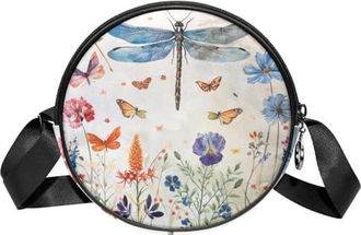 Generic Sac &agrave; bandouli&egrave;re rond pour femme, motif libellules avec fermeture &eacute;clair, bretelles r&eacute;glables, style d&eacute;contract&eacute;, pour femmes et filles