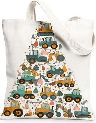 Generic Sacs fourre-tout en toile avec motif v&eacute;hicules de No&euml;l, jolis camions et tracteurs, sacs d&eacute;picerie r&eacute;utilisables, l&eacute;gers et lavables, blanc, 13x15 Inc