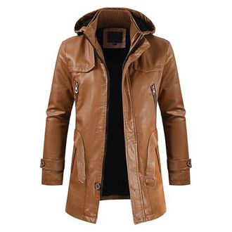 Generic Veste en similicuir pour homme, veste dhiver &agrave; capuche en similicuir marron, taille 4XL