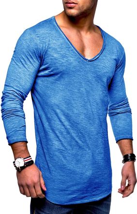 Behype. Herren Oversize Longsleeve Langarm T-Shirt V-Neck Ausschnitt 30-0014 Blau M