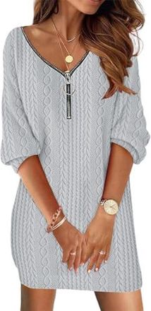 Minetom Robe Pull Femme Col V Dentelle Ample en Maille Long Pullover Tricot Robe De Noël À Manche Longue Robe De Soirée C Gris XL